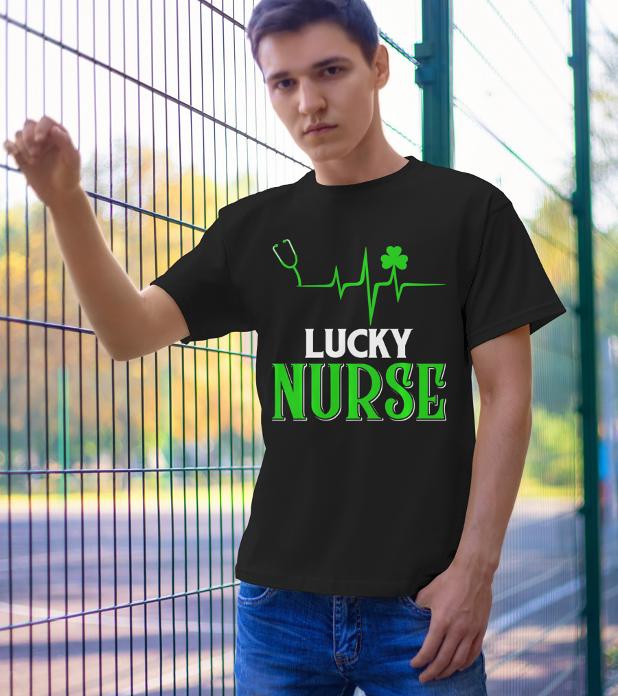 LUCKY NURSE Stethoscope Shamrock Heartbeat T-Shirt