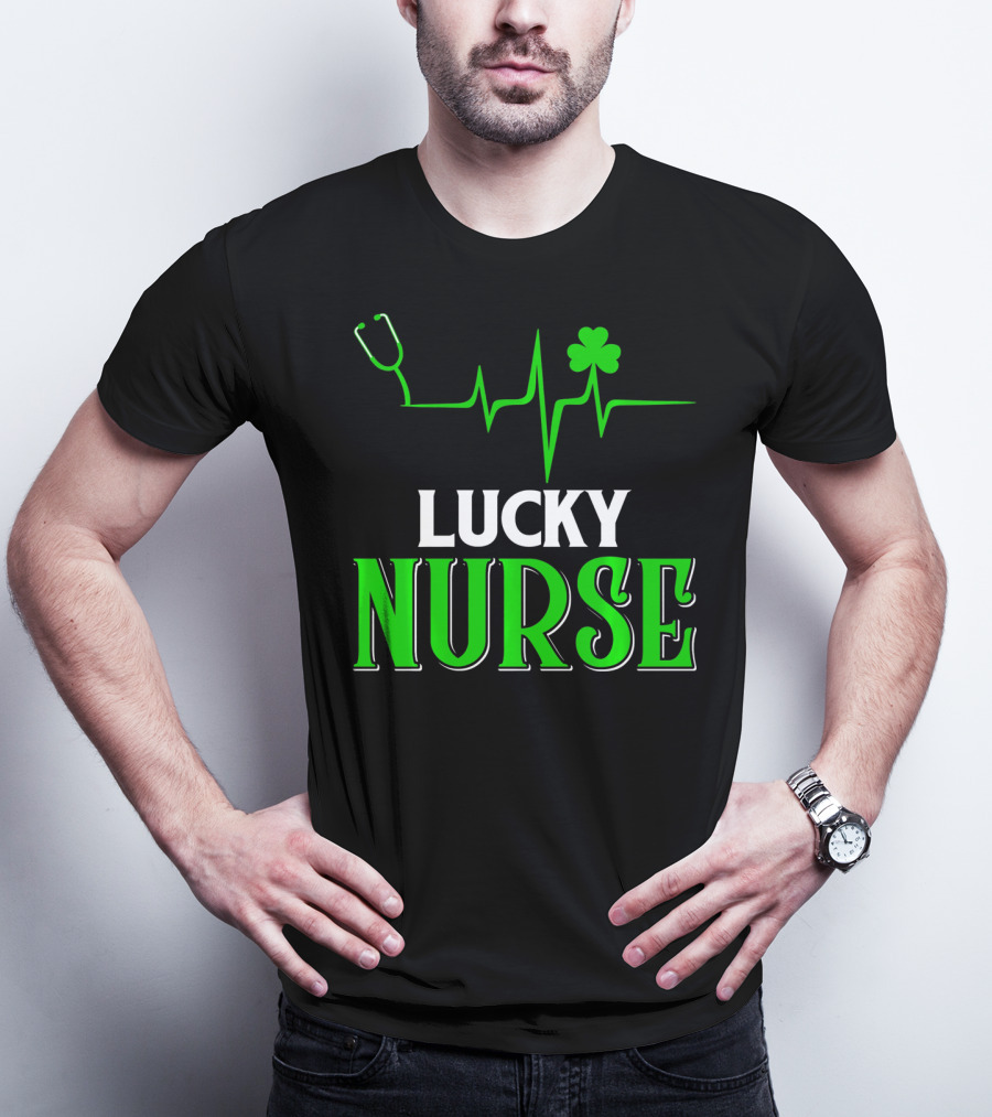 LUCKY NURSE Stethoscope Shamrock Heartbeat T-Shirt