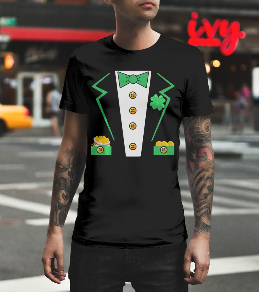 St. Patrick's Day Leprechaun Tuxedo With Shamrock And Coin Boxes T-Shirt