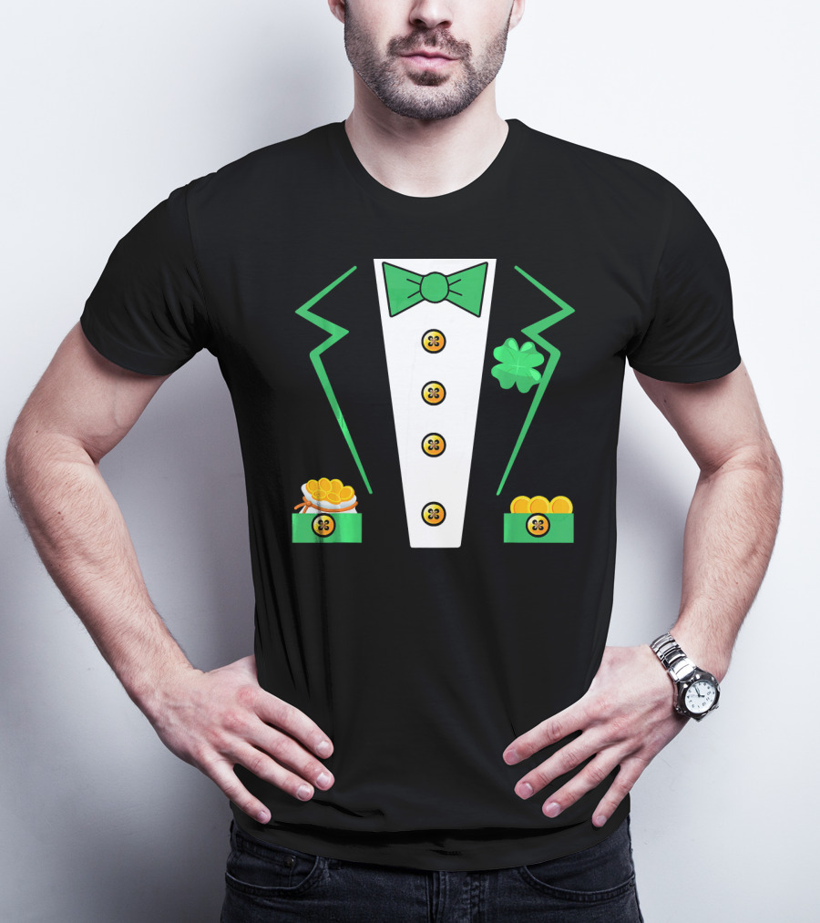 St. Patrick's Day Leprechaun Tuxedo With Shamrock And Coin Boxes T-Shirt