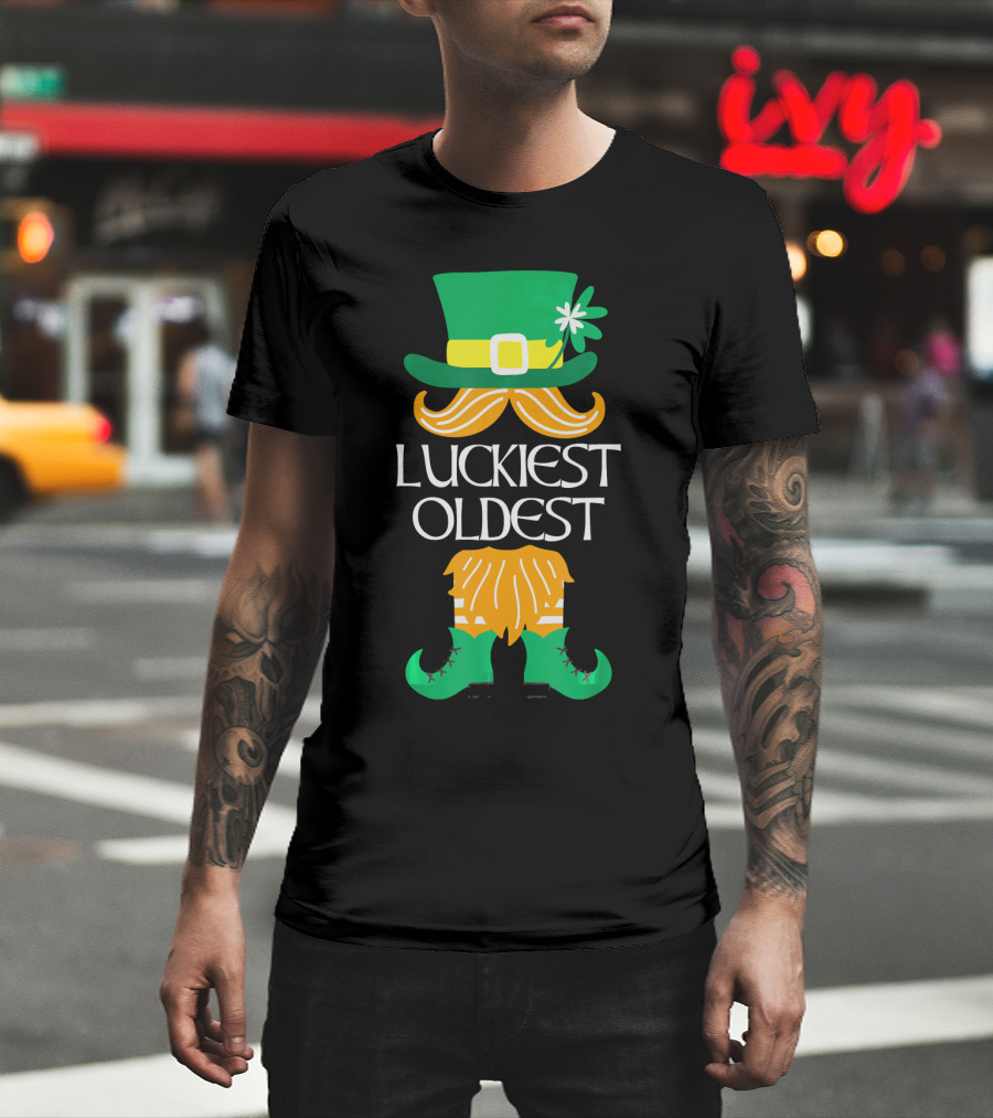 Luckiest Oldest Leprechaun Irish Green Hat And Boots T-Shirt