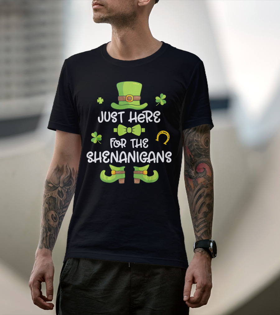 Just Here For The Shenanigans Leprechaun Dance Shamrock Gold T-Shirt