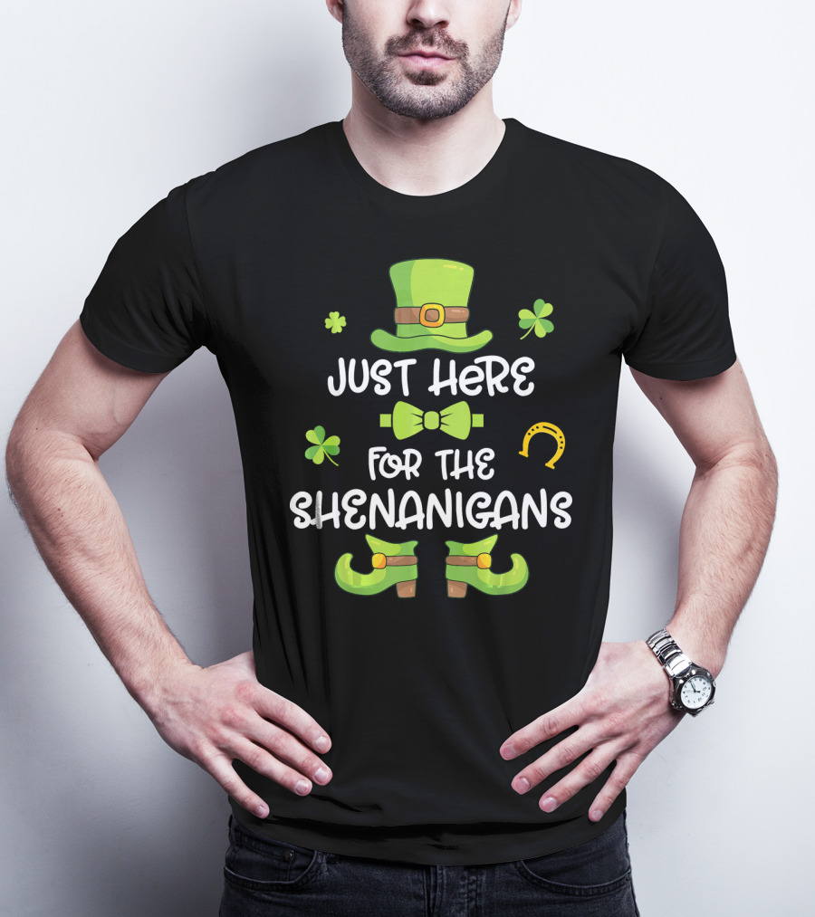 Just Here For The Shenanigans Leprechaun Dance Shamrock Gold T-Shirt