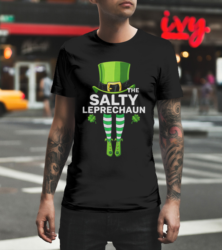 The Salty Leprechaun Green Hat And Striped Legs With Shamrocks T-Shirt