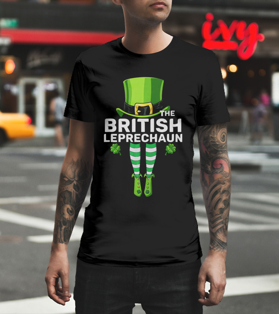 The British Leprechaun Matching Costume With Green Hat And Striped Socks T-Shirt
