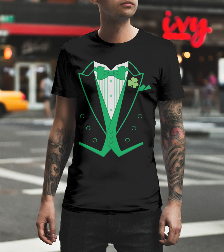 Green Bow Tie And Clover Tuxedo T-Shirt