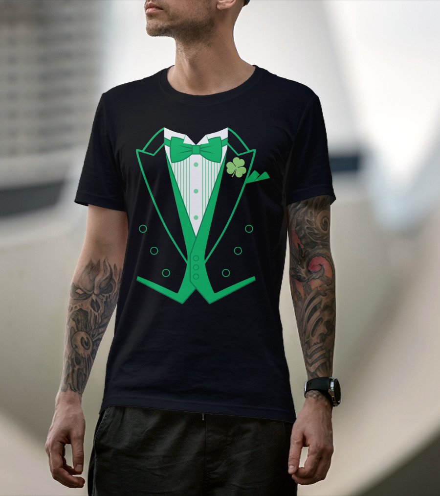 Green Bow Tie And Clover Tuxedo T-Shirt