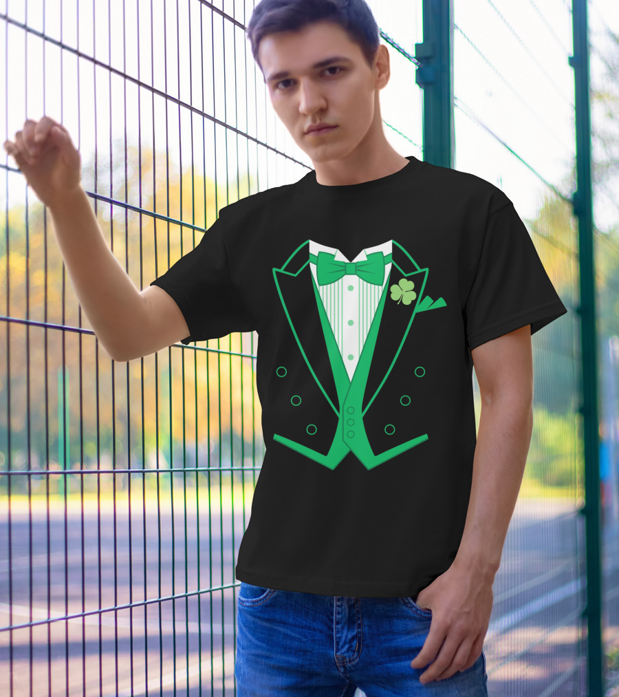 Green Bow Tie And Clover Tuxedo T-Shirt