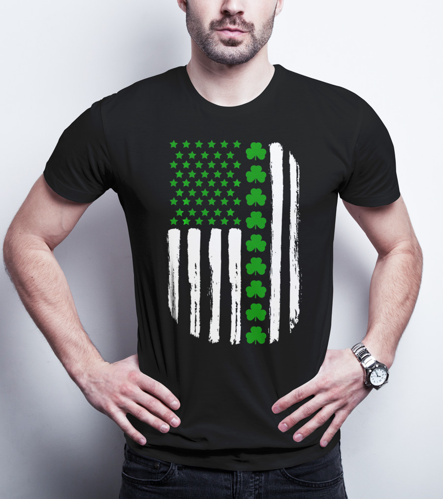 USA Flag With Green 4 Leaf Clover For St. Patrick Day T-Shirt