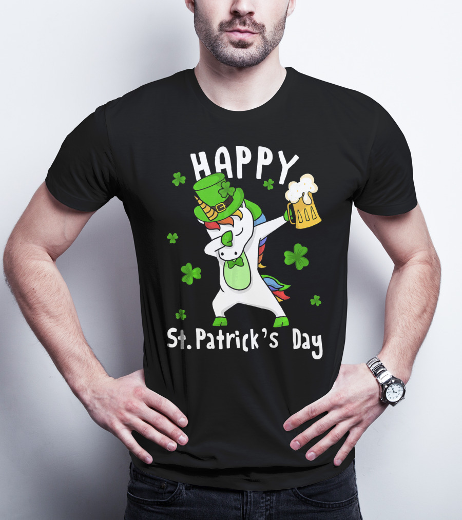 Happy St. Patrick's Day Dabbing Unicorn With Leprechaun Hat And Beer Mug T-Shirt