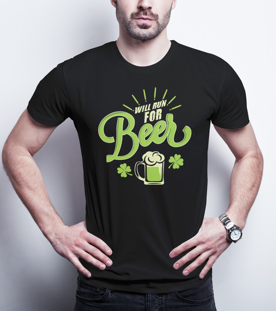 St Patricks Day Will Run For Beer With Shamrocks And Green Beer Mug T-Shirt