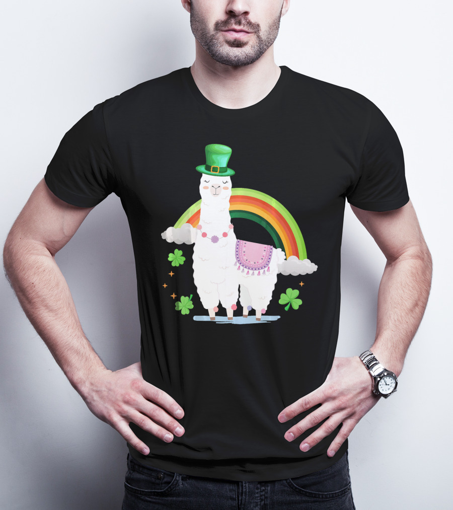 Llama St Patricks Day Rainbow Leprechaun Hat With Shamrocks T-Shirt