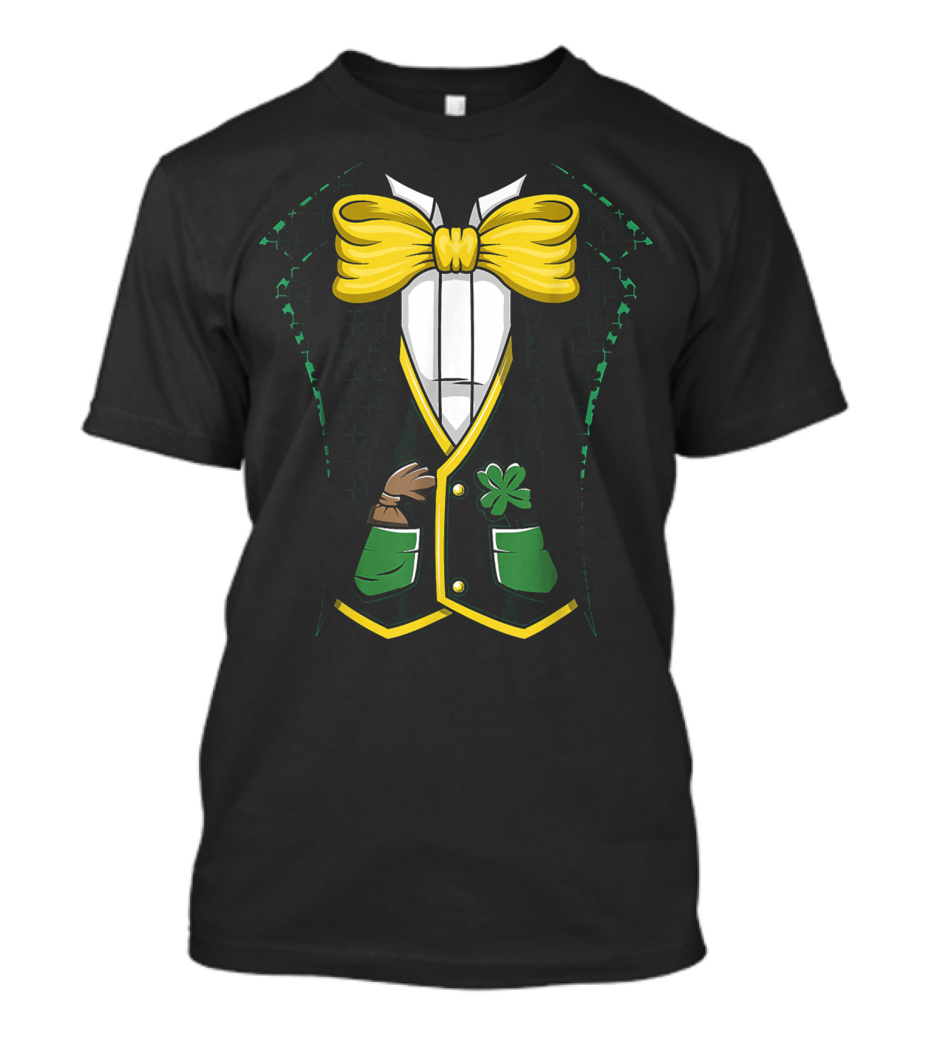 Leprechaun Costume Green Suit With Yellow Bow Tie And Shamrock Details T-Shirt