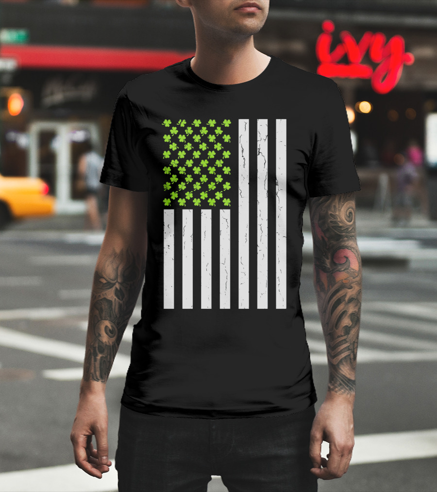 St Patricksday Shamrock American Flag T-Shirt