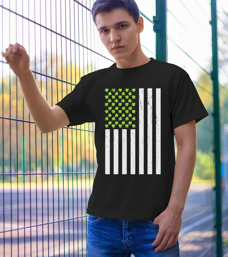 St Patricksday Shamrock American Flag T-Shirt