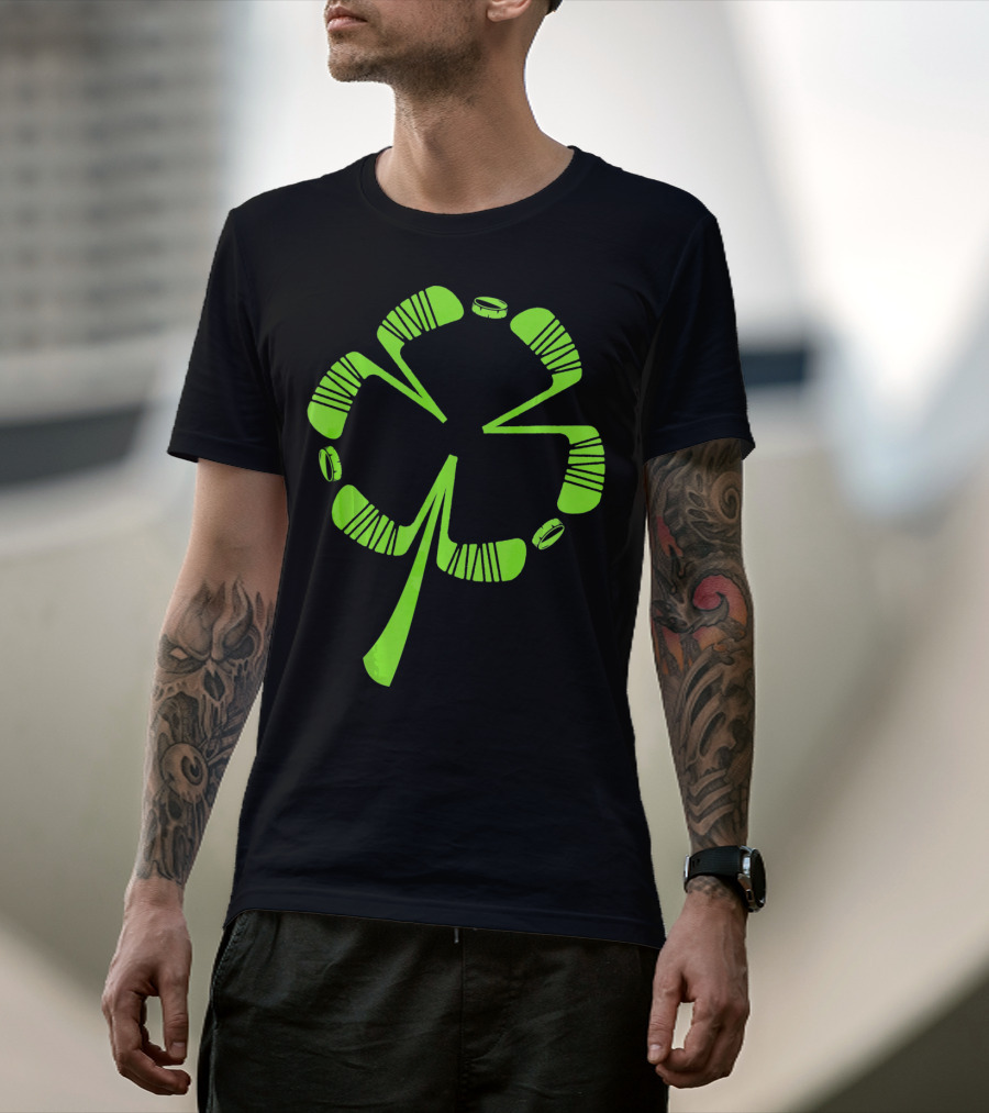 Ice Hockey Shamrock Saint Patrick's Day Hat Stick Puck Clover T-Shirt
