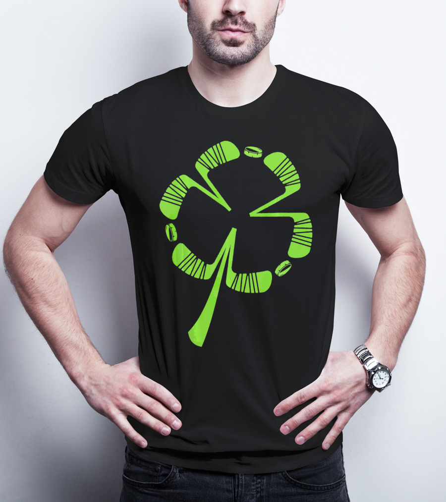 Ice Hockey Shamrock Saint Patrick's Day Hat Stick Puck Clover T-Shirt