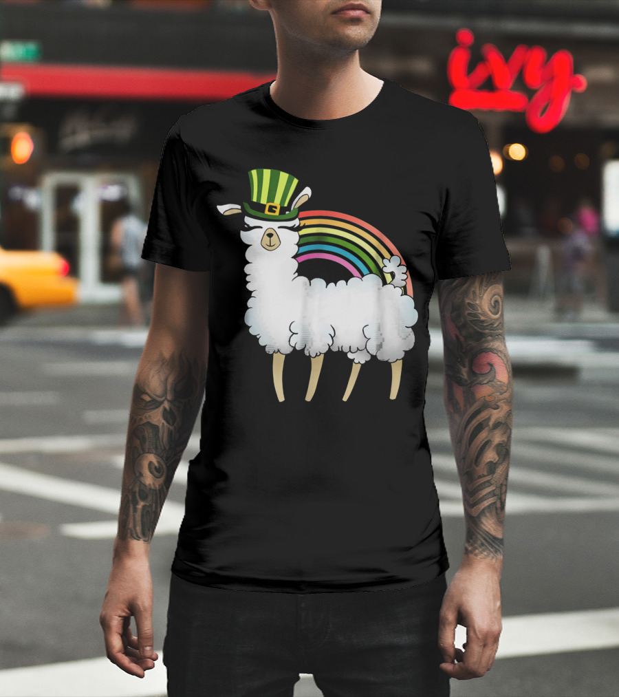 Llama In St Patrick's Day Hat With Rainbow T-Shirt