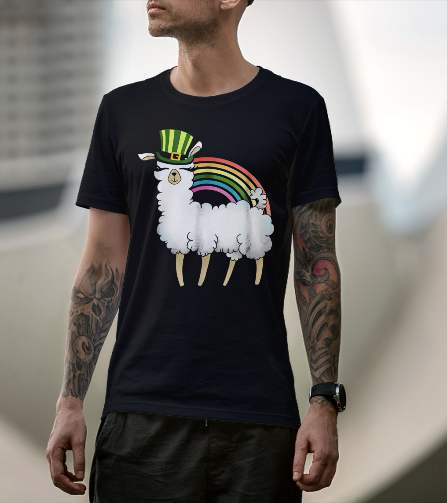 Llama In St Patrick's Day Hat With Rainbow T-Shirt