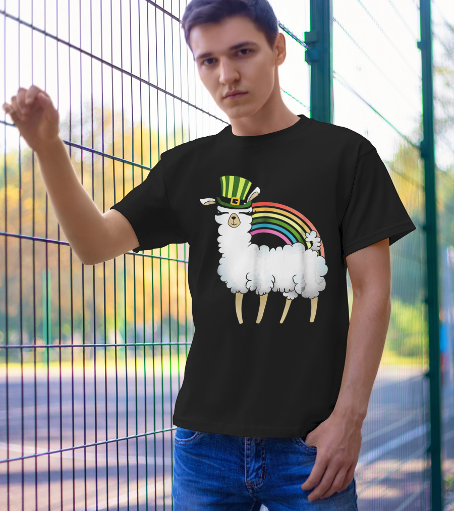 Llama In St Patrick's Day Hat With Rainbow T-Shirt