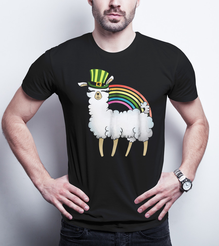 Llama In St Patrick's Day Hat With Rainbow T-Shirt
