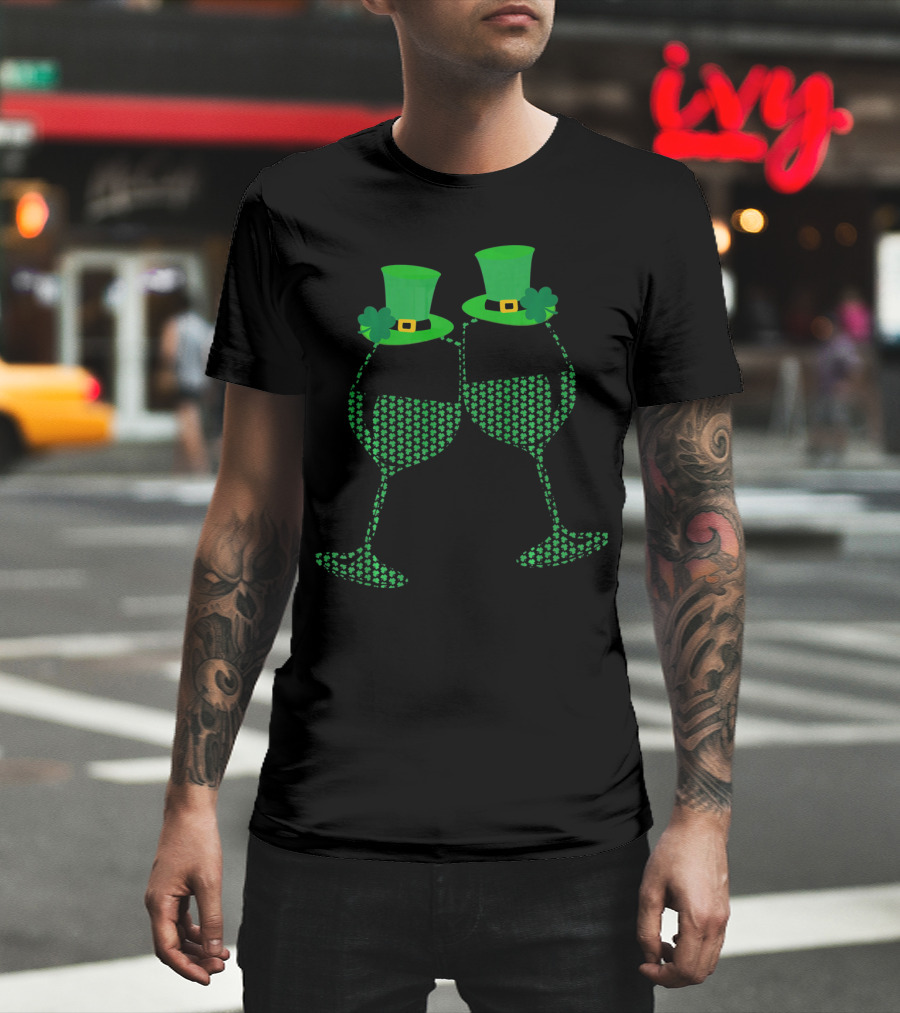 Wine Glasses Shamrock Leprechaun Hats St. Patrick's Day T-Shirt