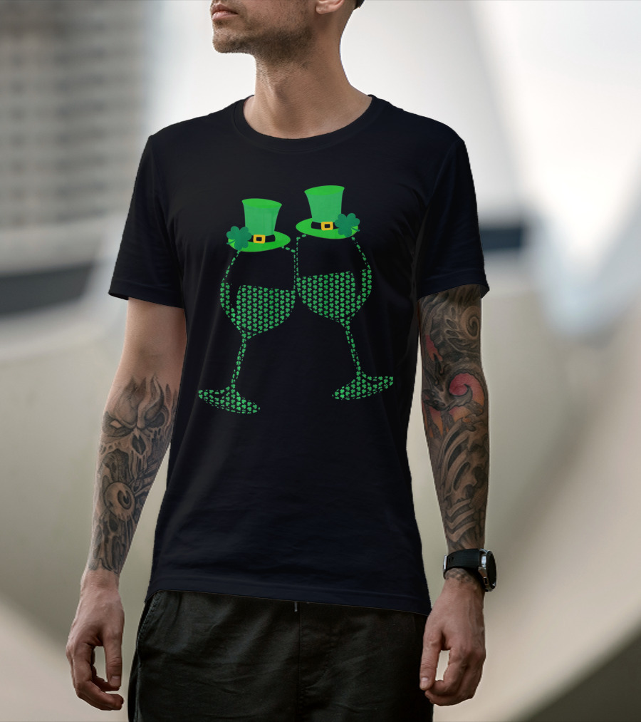 Wine Glasses Shamrock Leprechaun Hats St. Patrick's Day T-Shirt