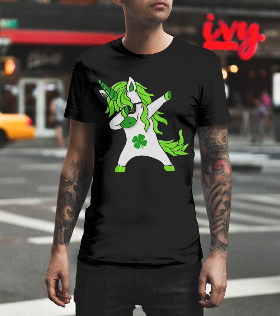 Mens Womens Dabbing Unicorn With Green Shamrock And Hair T-Shirt