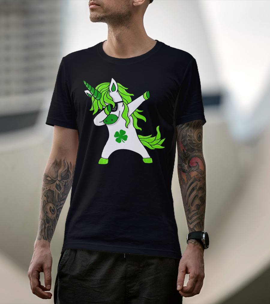 Mens Womens Dabbing Unicorn With Green Shamrock And Hair T-Shirt