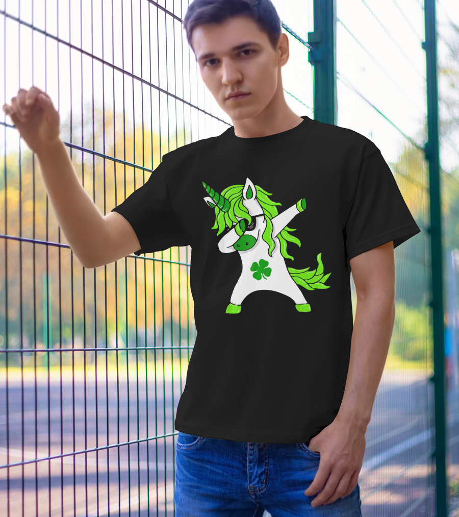 Mens Womens Dabbing Unicorn With Green Shamrock And Hair T-Shirt