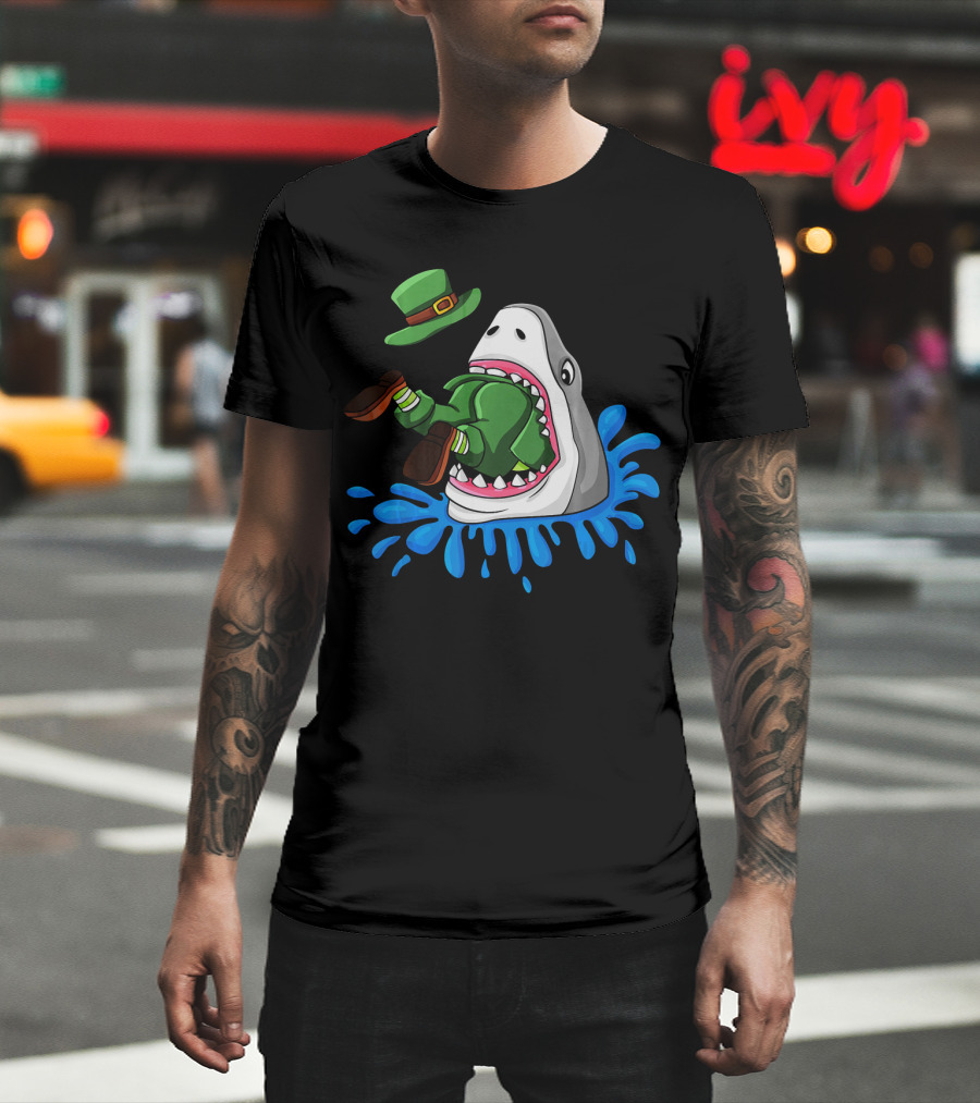 Shark Devours Leprechaun Wearing Green Outfit With Dropped Hat In Water Splash T-Shirt