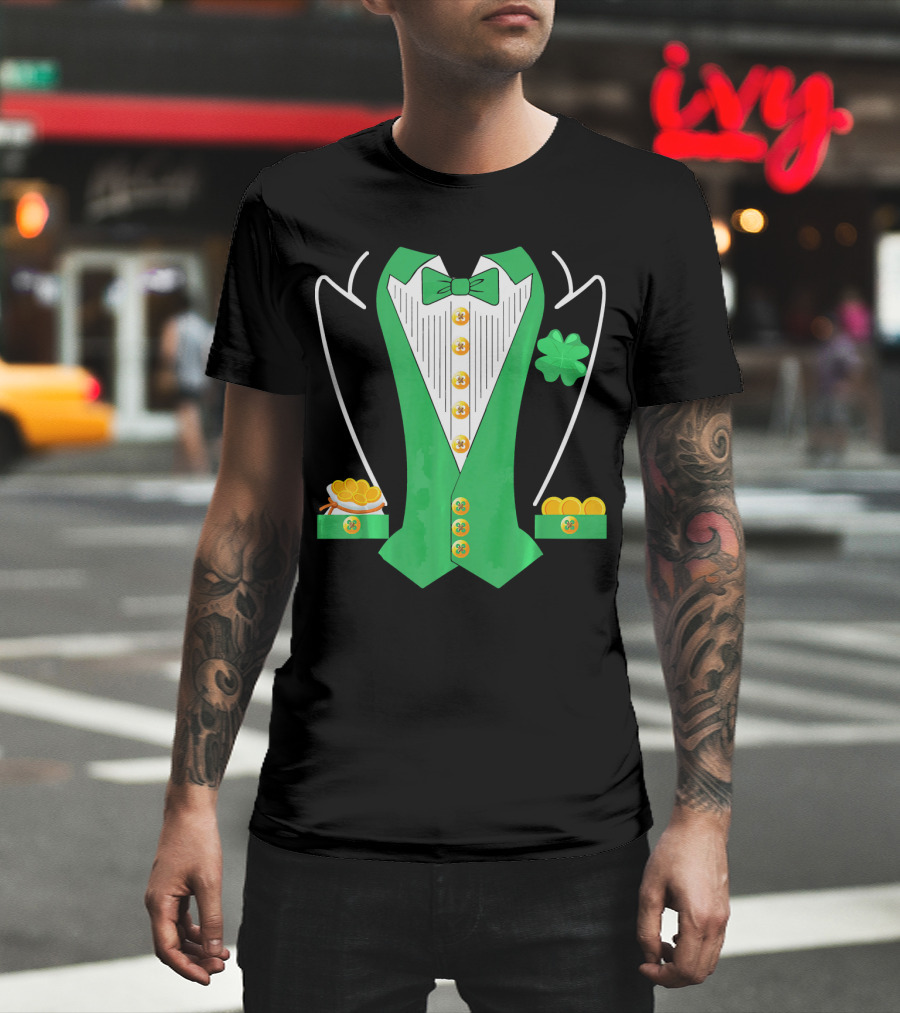 Leprechaun Costume Girl Green Suit Bow Tie Clover Gold Coins T-Shirt