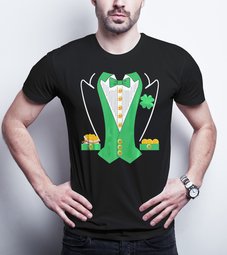 Leprechaun Costume Girl Green Suit Bow Tie Clover Gold Coins T-Shirt