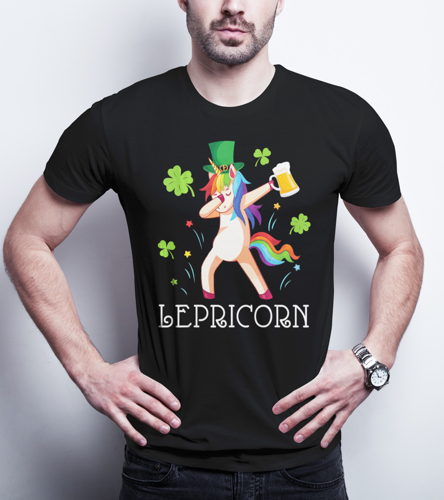 Leprechaun Unicorn Dabbing Drinking Beer With Shamrocks And Rainbow Tail T-Shirt