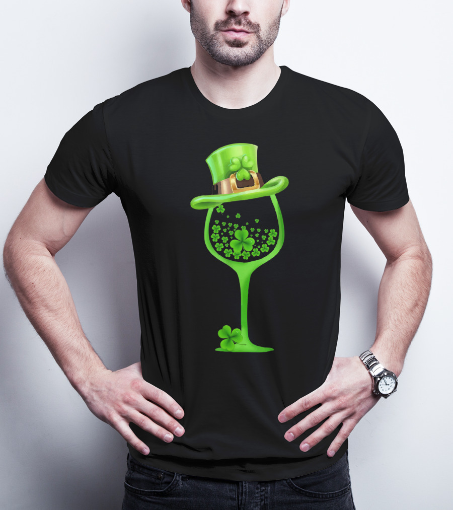 Shamrock Wine Glass With Green Top Hat For St Patricks T-Shirt