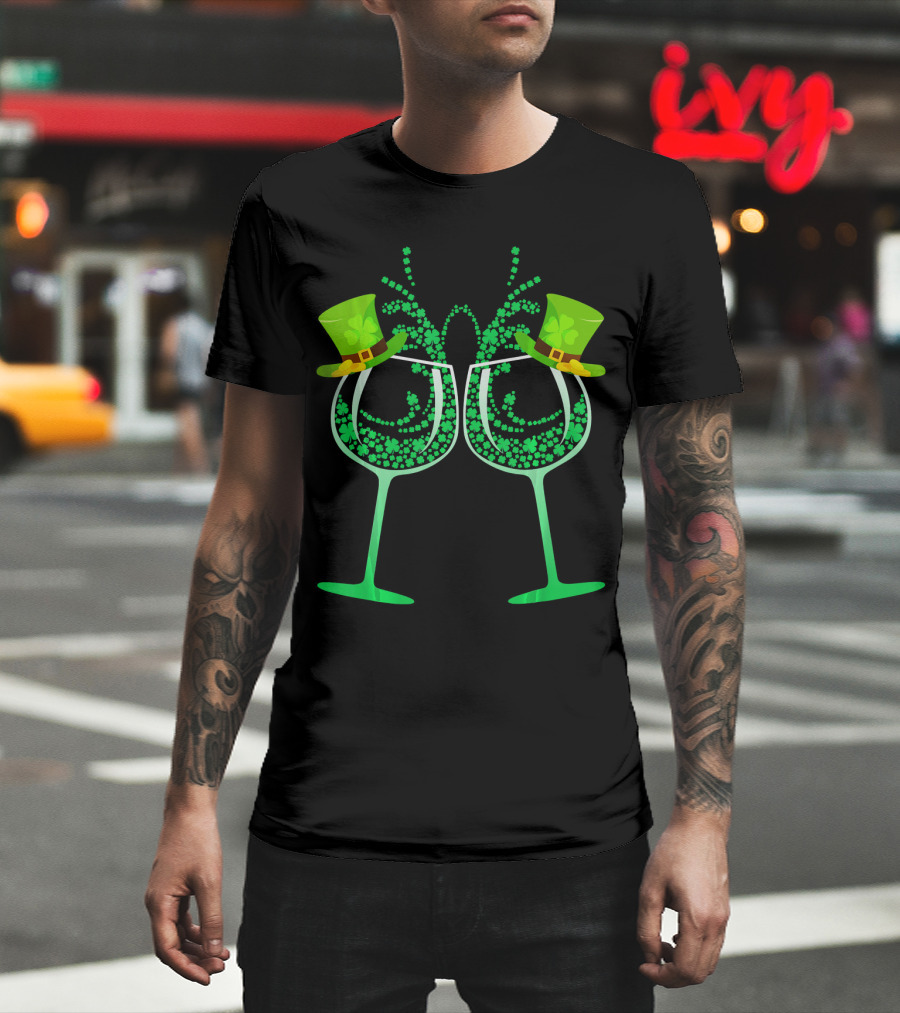Wine Glass Leprechaun Shamrock Funny Drinking T-Shirt