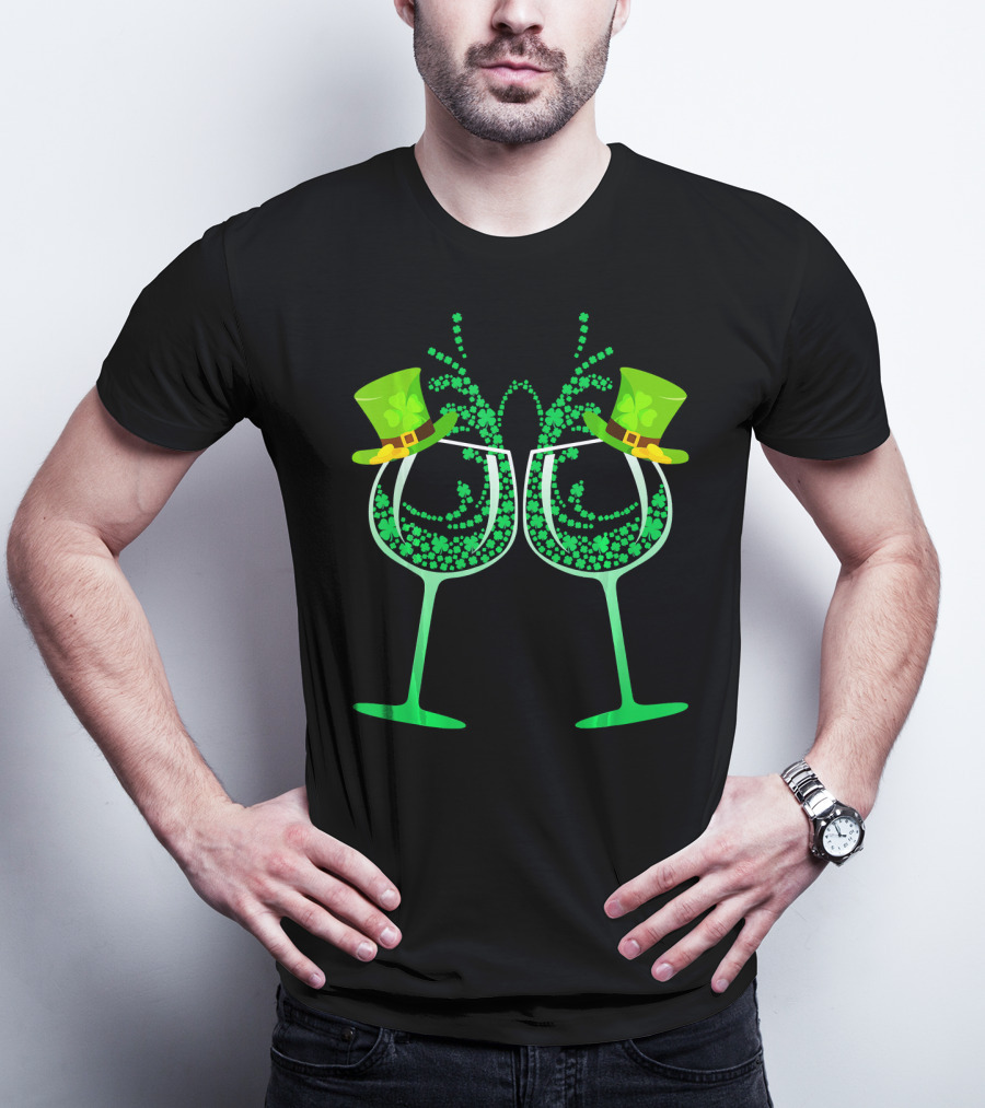 Wine Glass Leprechaun Shamrock Funny Drinking T-Shirt