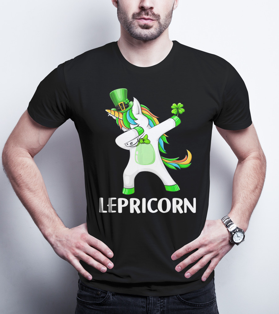 Lepricorn Dabbing Leprechaun Unicorn With Rainbow Mane And Green Hat T-Shirt