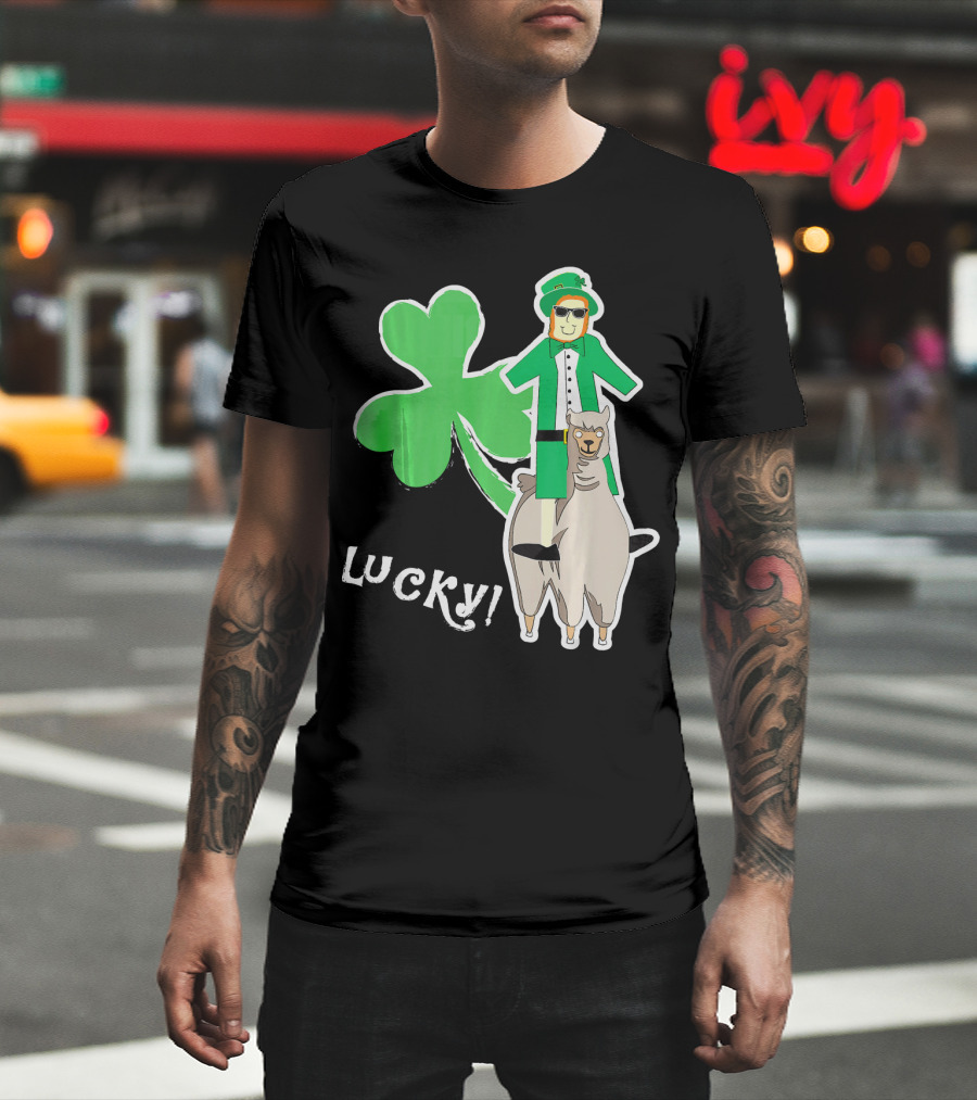 Lucky Leprechaun Riding Llama With Shamrock Irish T-Shirt