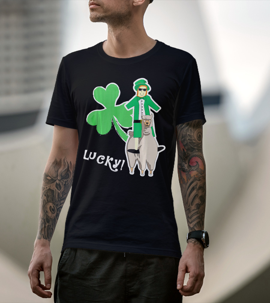 Lucky Leprechaun Riding Llama With Shamrock Irish T-Shirt