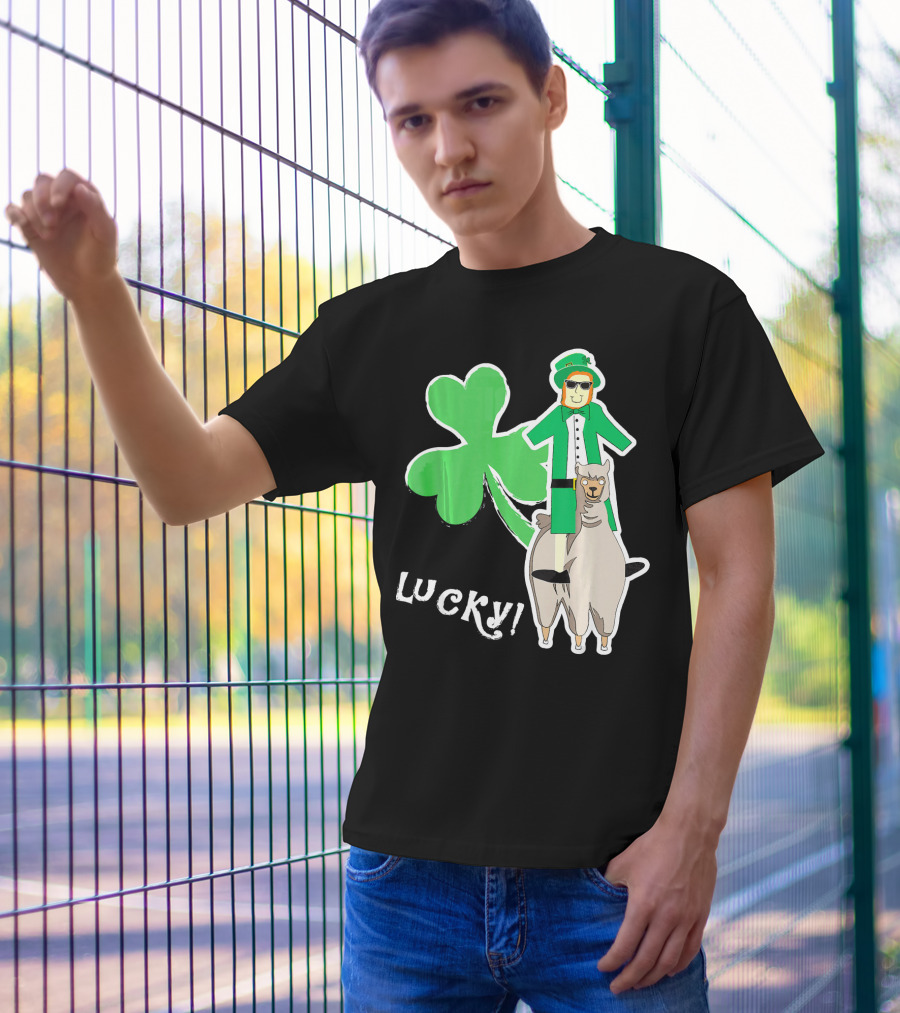 Lucky Leprechaun Riding Llama With Shamrock Irish T-Shirt