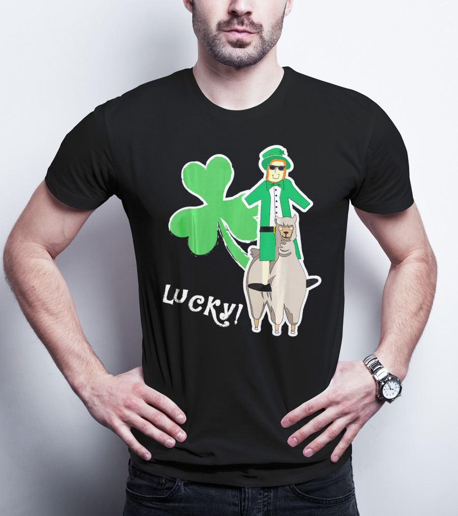 Lucky Leprechaun Riding Llama With Shamrock Irish T-Shirt