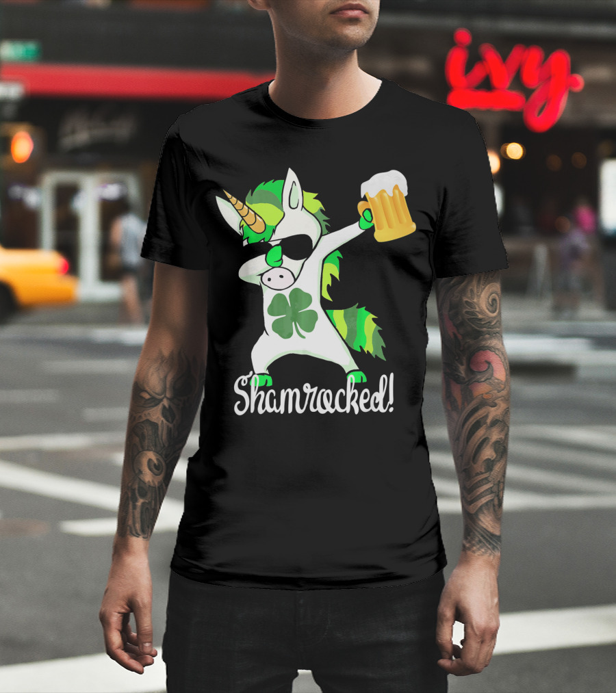 Shamrocked Funny St. Patrick's Day Unicorn With Beer Mug T-Shirt