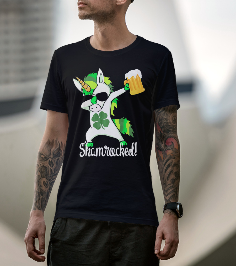 Shamrocked Funny St. Patrick's Day Unicorn With Beer Mug T-Shirt
