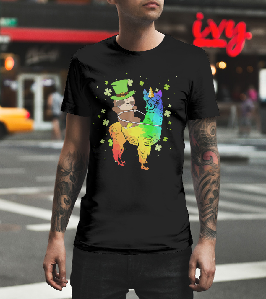 Leprechaun Sloth Riding Rainbow Llama Unicorn St Patrick's Clover T-Shirt