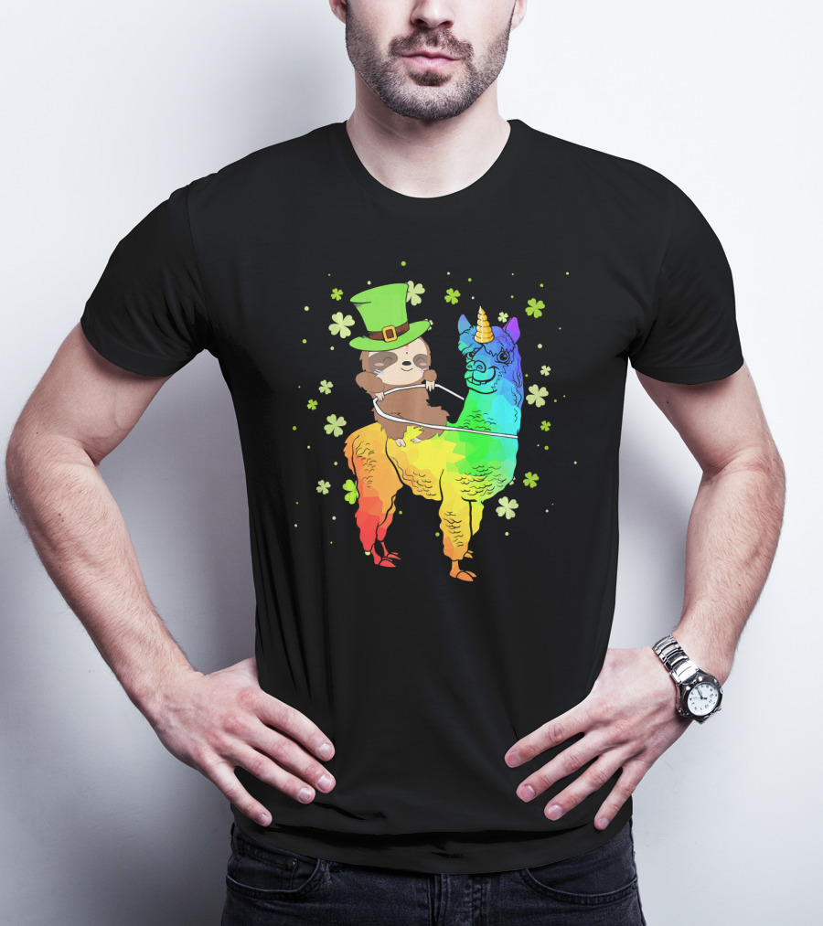 Leprechaun Sloth Riding Rainbow Llama Unicorn St Patrick's Clover T-Shirt