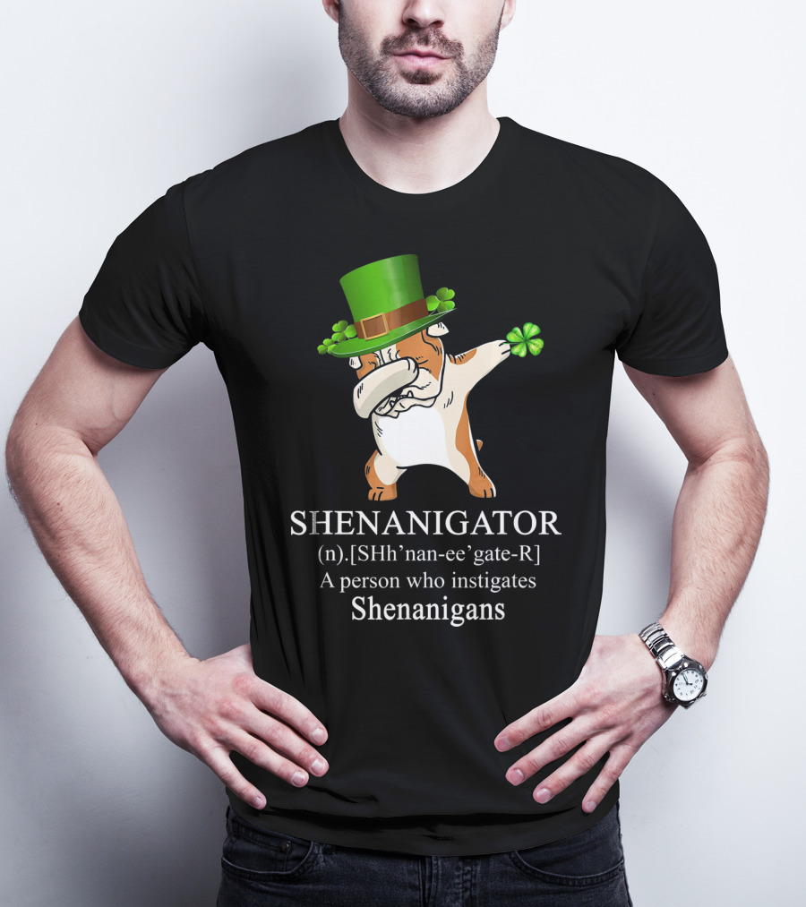 Shenanigator Dabbing Bulldog Instigates Shenanigans With Shamrock Hat T-Shirt