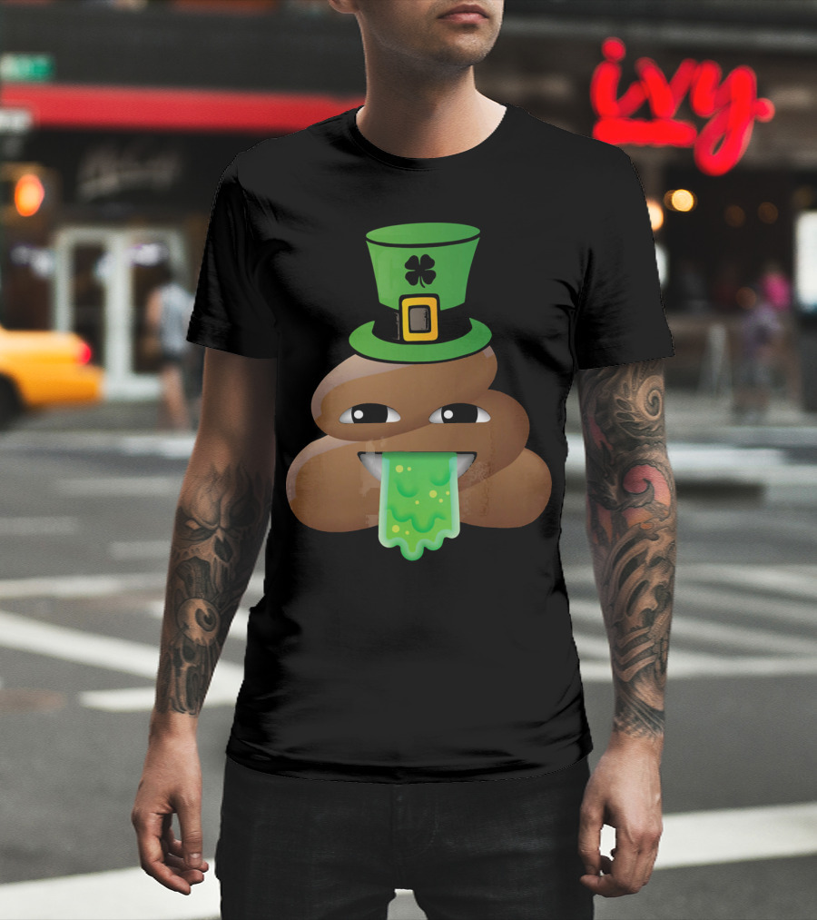 St Patricks Day Funny Leprechaun Poop Emoji Hat And Green Slime Tongue T-Shirt