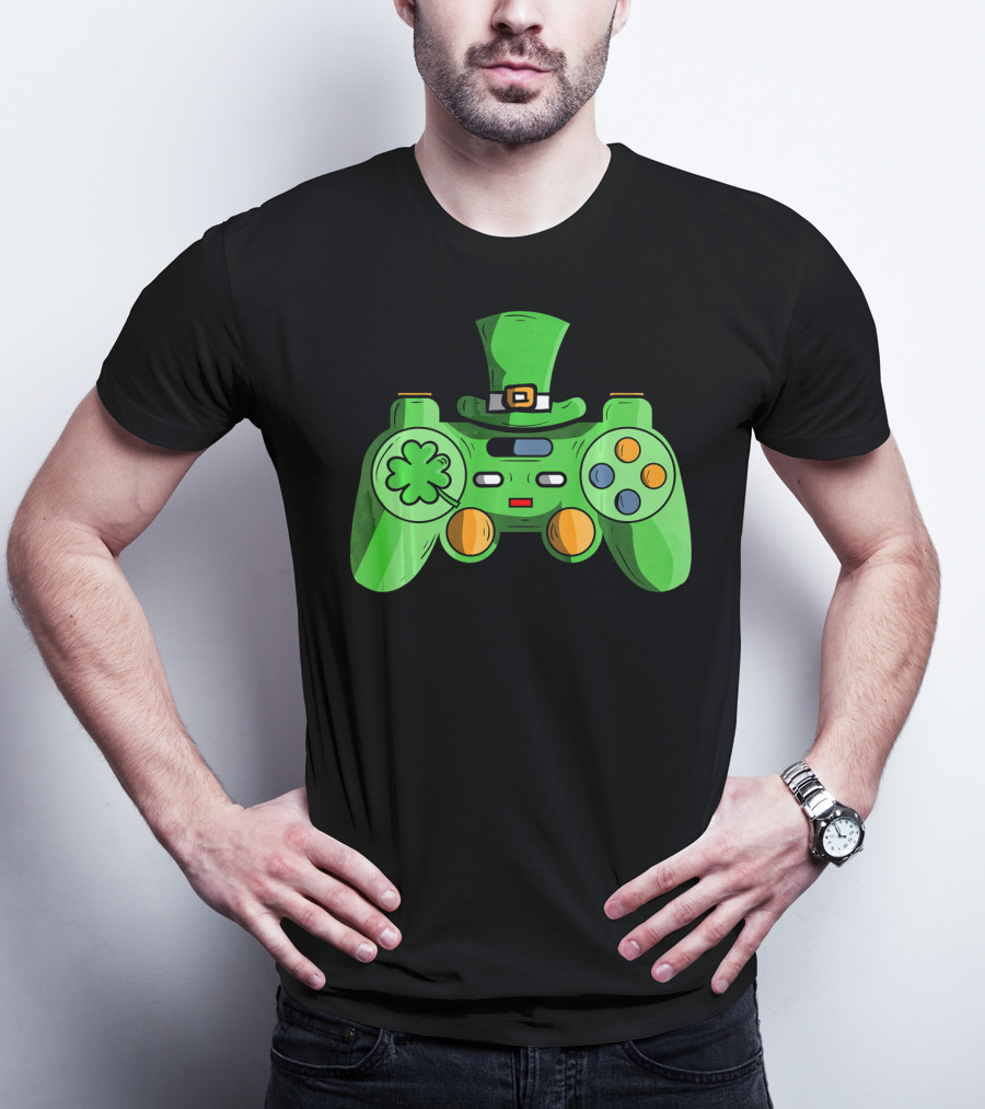 St Patrick's Day Gamer Controller With Shamrock And Hat T-Shirt