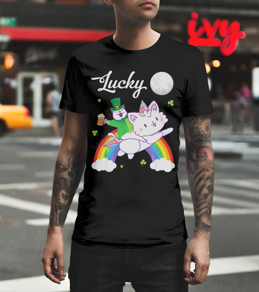 Lucky Leprechaun Cat Riding Unicorn Cat Over Rainbow With Beer And Moon T-Shirt